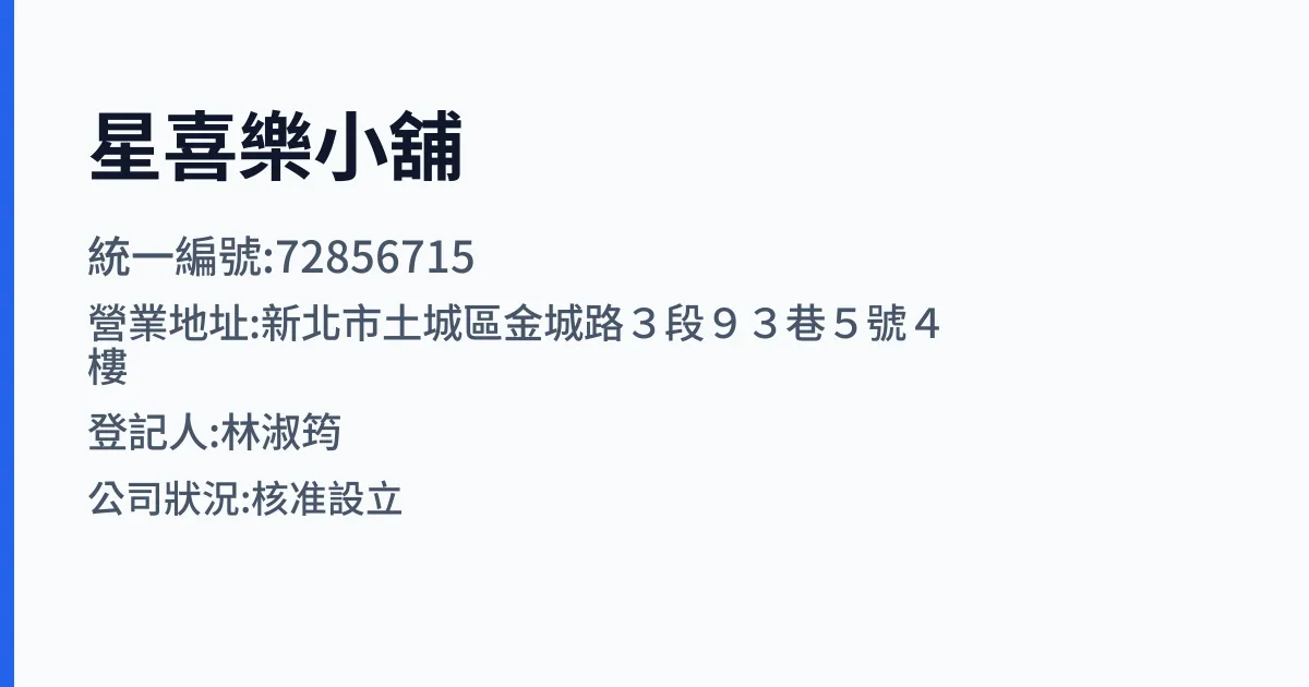 星喜樂小舖 - 統編 72856715(新北市) 公司登記資料與營業項目詳細圖表