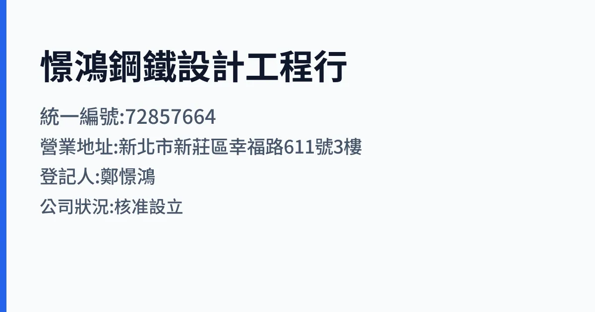 憬鴻鋼鐵設計工程行 - 統編 72857664(新北市) 公司登記資料與營業項目詳細圖表