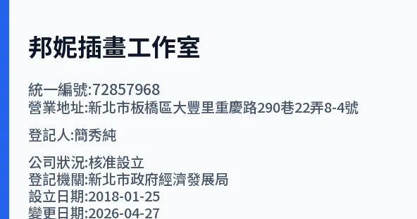 邦妮插畫工作室的照片-統編 72857968(新北市) 公司登記資料與營業項目詳細圖表