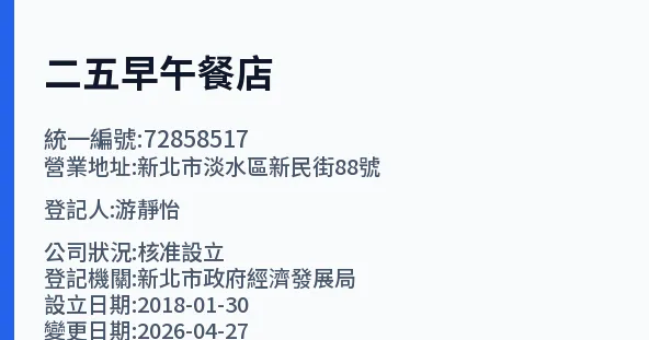 二五早午餐店的照片-統編 72858517(新北市) 公司登記資料與營業項目詳細圖表