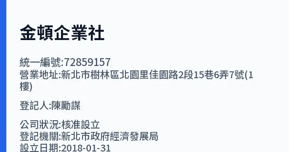 金頓企業社的照片-統編 72859157(新北市) 公司登記資料與營業項目詳細圖表