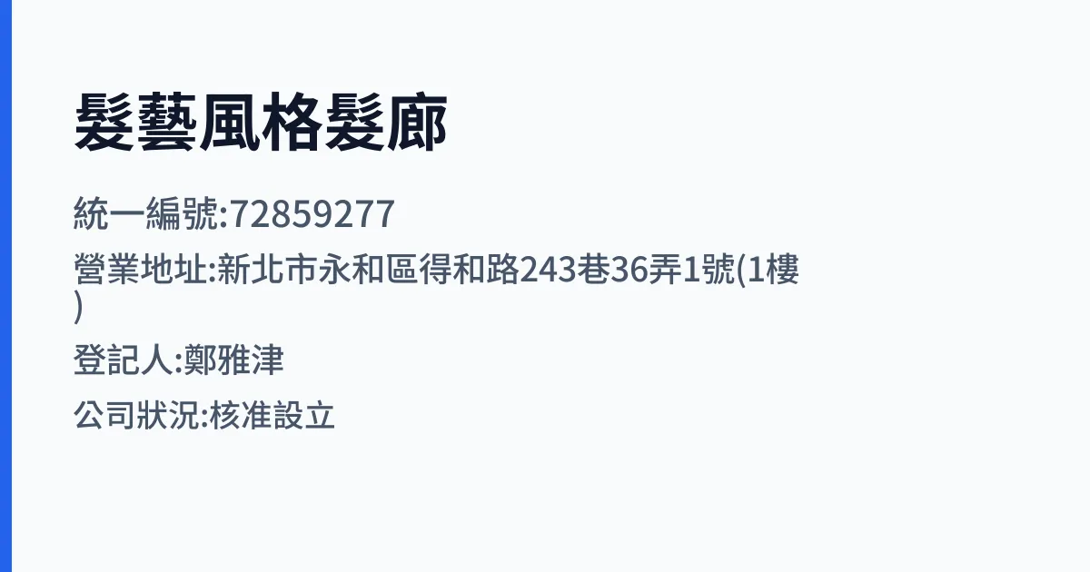 髮藝風格髮廊 - 統編 72859277(新北市) 公司登記資料與營業項目詳細圖表