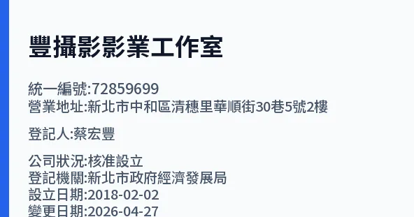 豐攝影影業工作室的照片-統編 72859699(新北市) 公司登記資料與營業項目詳細圖表