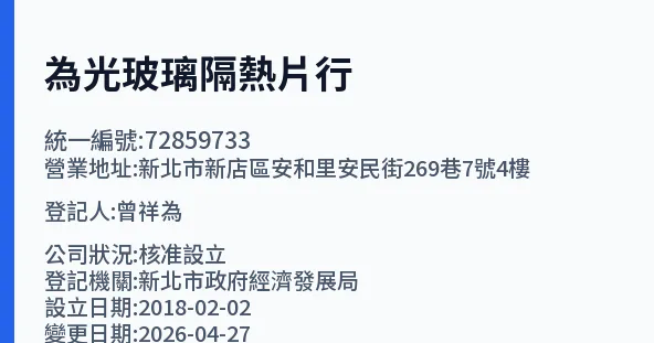 為光玻璃隔熱片行的照片-統編 72859733(新北市) 公司登記資料與營業項目詳細圖表