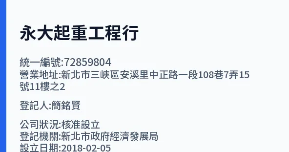永大起重工程行的照片-統編 72859804(新北市) 公司登記資料與營業項目詳細圖表