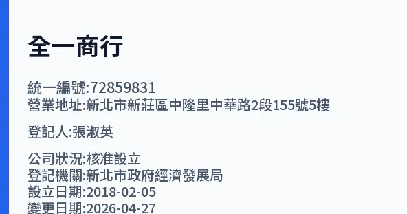 全一商行的照片-統編 72859831(新北市) 公司登記資料與營業項目詳細圖表