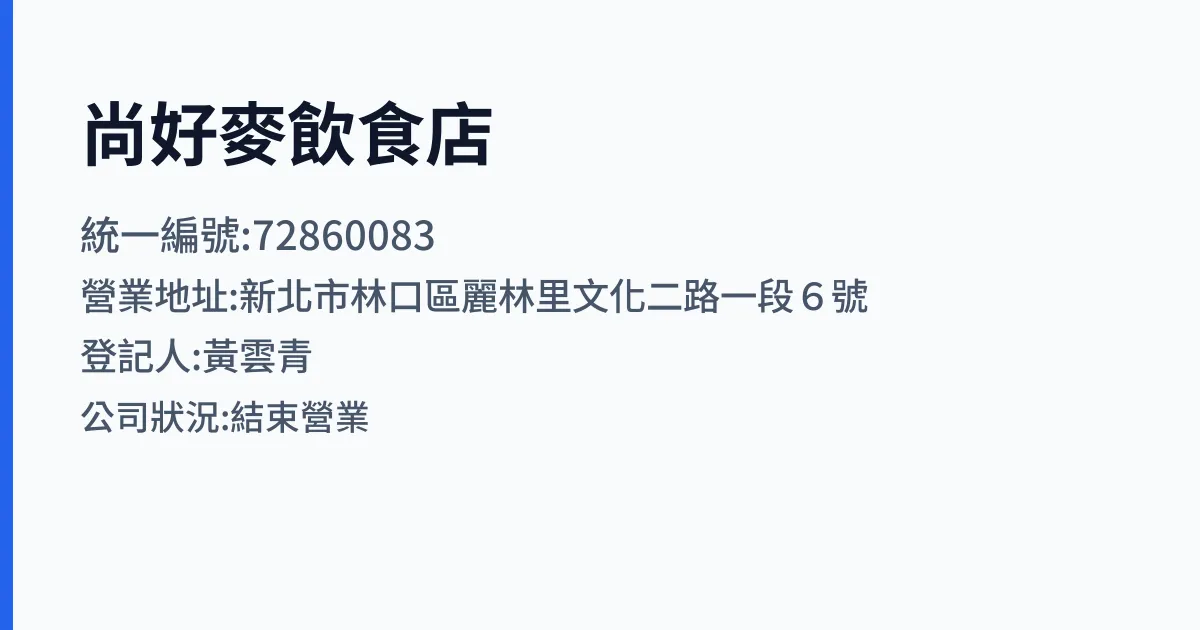 尚好麥飲食店 - 統編 72860083(新北市) 公司登記資料與營業項目詳細圖表