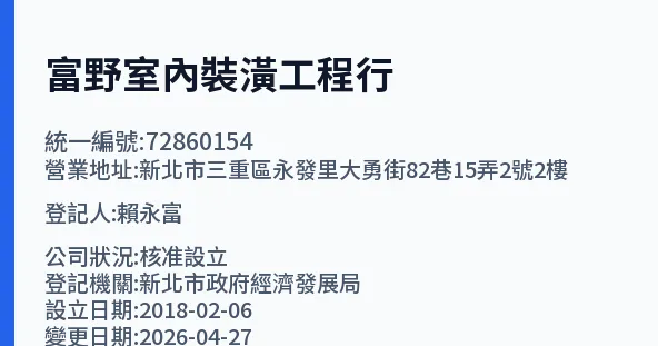 富野室內裝潢工程行的照片-統編 72860154(新北市) 公司登記資料與營業項目詳細圖表