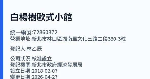 白楊樹歐式小館的照片-統編 72860372(新北市) 公司登記資料與營業項目詳細圖表