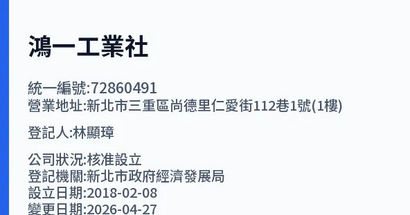 鴻一工業社的照片-統編 72860491(新北市) 公司登記資料與營業項目詳細圖表
