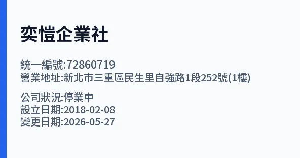 奕愷企業社的照片-統編 72860719(新北市) 公司登記資料與營業項目詳細圖表