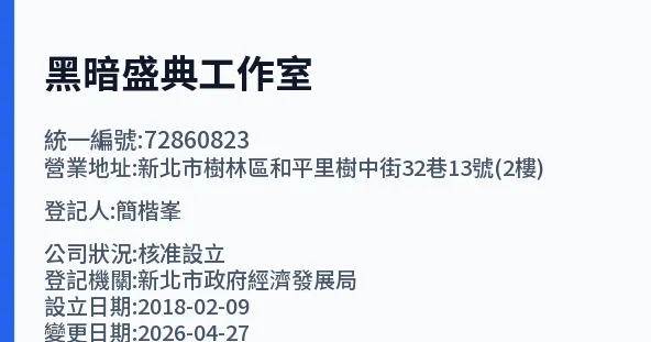 黑暗盛典工作室的照片-統編 72860823(新北市) 公司登記資料與營業項目詳細圖表