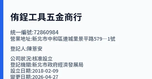 侑鋥工具五金商行的照片-統編 72860984(新北市) 公司登記資料與營業項目詳細圖表