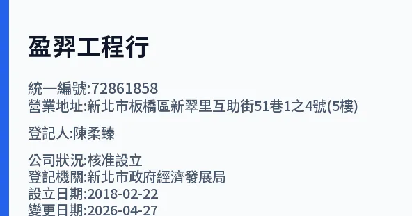 盈羿工程行的照片-統編 72861858(新北市) 公司登記資料與營業項目詳細圖表