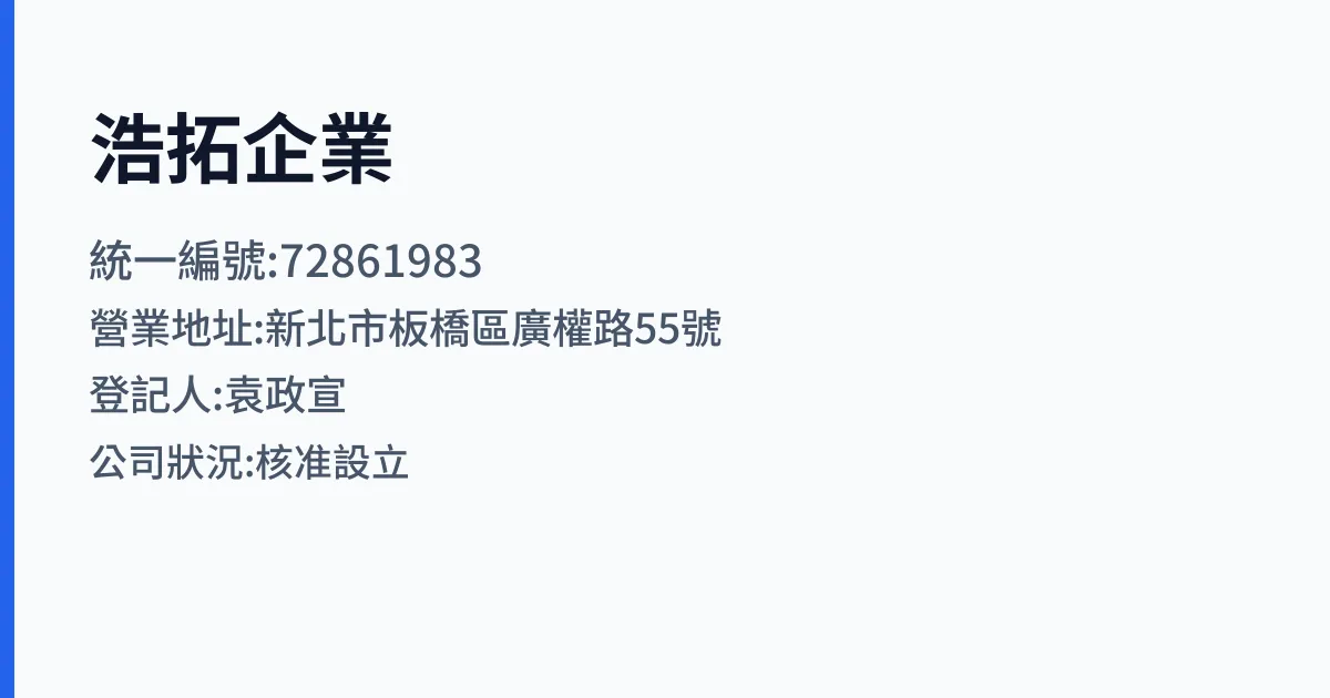 浩拓企業 - 統編 72861983(新北市) 公司登記資料與營業項目詳細圖表