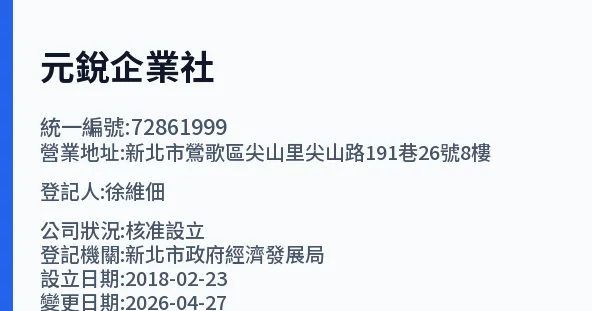 元銳企業社的照片-統編 72861999(新北市) 公司登記資料與營業項目詳細圖表