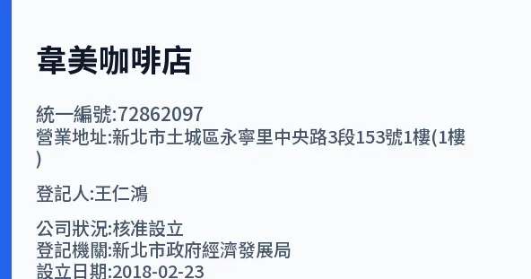 韋美咖啡店的照片-統編 72862097(新北市) 公司登記資料與營業項目詳細圖表