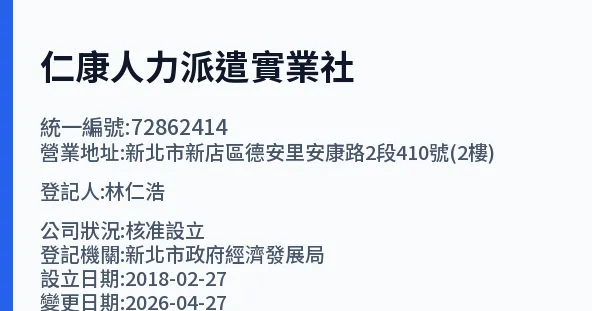 仁康人力派遣實業社的照片-統編 72862414(新北市) 公司登記資料與營業項目詳細圖表