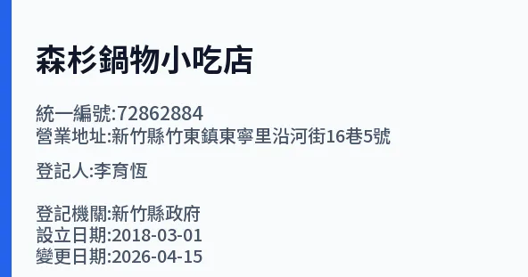 森杉鍋物小吃店的照片-統編 72862884(新竹縣) 公司登記資料與營業項目詳細圖表