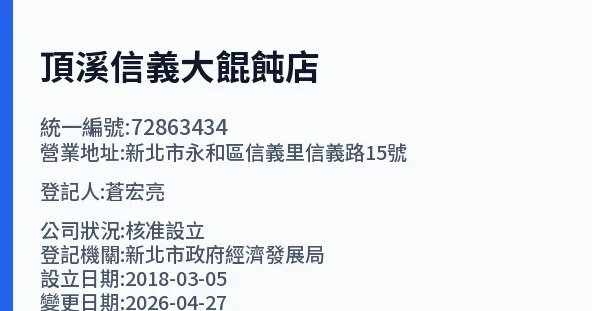 頂溪信義大餛飩店的照片-統編 72863434(新北市) 公司登記資料與營業項目詳細圖表