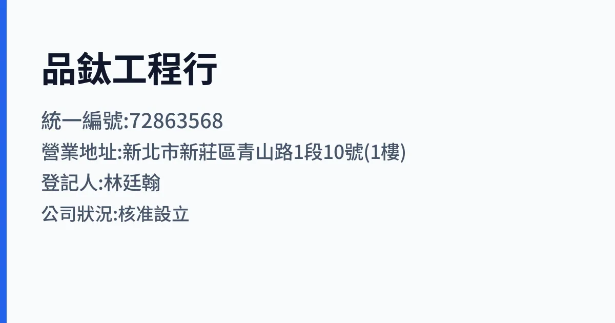 品鈦工程行 - 統編 72863568(新北市) 公司登記資料與營業項目詳細圖表