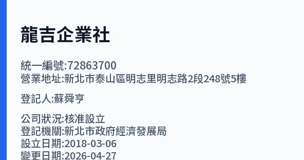 龍吉企業社的照片-統編 72863700(新北市) 公司登記資料與營業項目詳細圖表