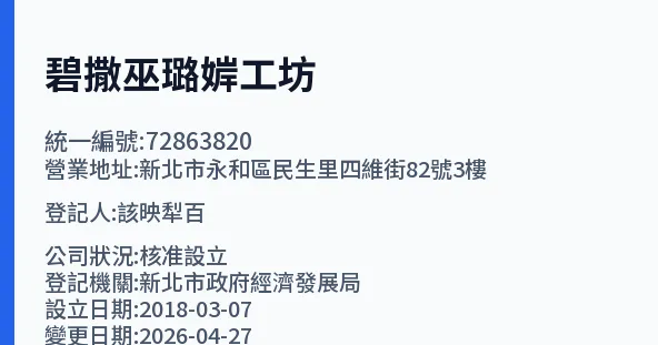 碧撒巫璐婩工坊的照片-統編 72863820(新北市) 公司登記資料與營業項目詳細圖表