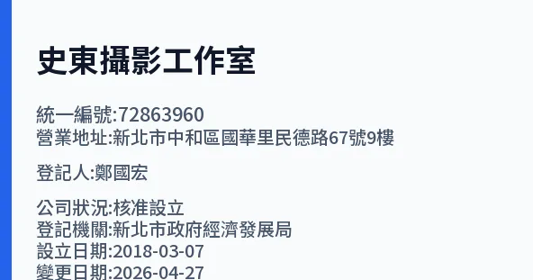 史東攝影工作室的照片-統編 72863960(新北市) 公司登記資料與營業項目詳細圖表
