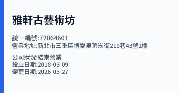 雅軒古藝術坊的照片-統編 72864601(新北市) 公司登記資料與營業項目詳細圖表