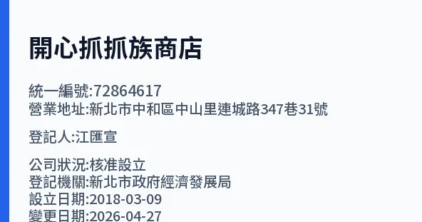 開心抓抓族商店的照片-統編 72864617(新北市) 公司登記資料與營業項目詳細圖表