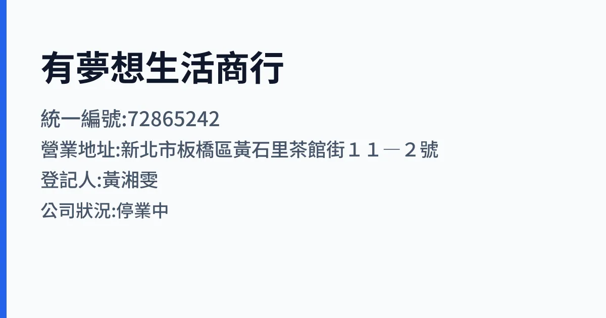 有夢想生活商行 - 統編 72865242(新北市) 公司登記資料與營業項目詳細圖表