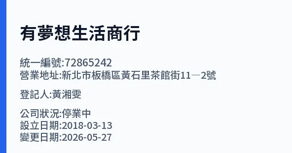 有夢想生活商行的照片-統編 72865242(新北市) 公司登記資料與營業項目詳細圖表
