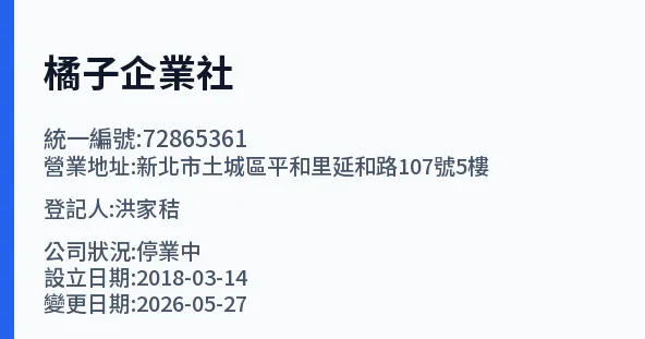 橘子企業社的照片-統編 72865361(新北市) 公司登記資料與營業項目詳細圖表