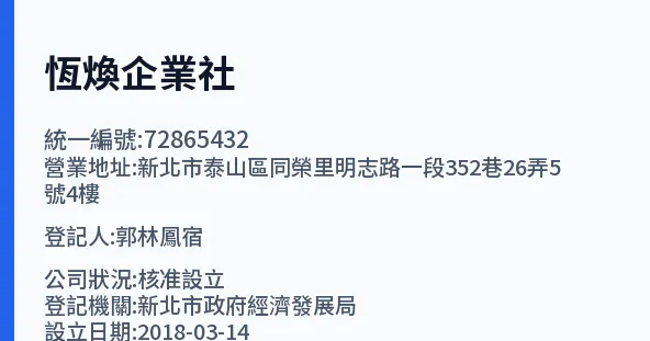 恆煥企業社的照片-統編 72865432(新北市) 公司登記資料與營業項目詳細圖表