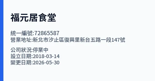 福元居食堂的照片-統編 72865587(新北市) 公司登記資料與營業項目詳細圖表