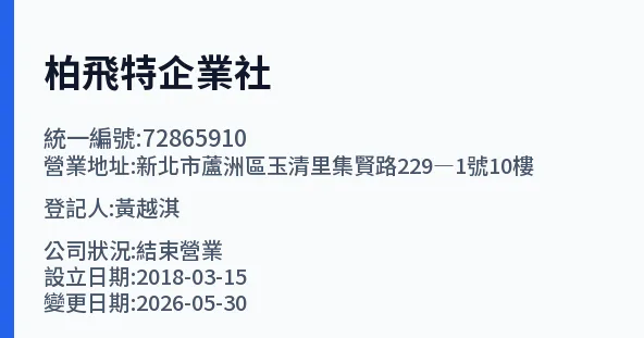 柏飛特企業社的照片-統編 72865910(新北市) 公司登記資料與營業項目詳細圖表