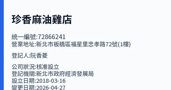 珍香麻油雞店的照片-統編 72866241(新北市) 公司登記資料與營業項目詳細圖表
