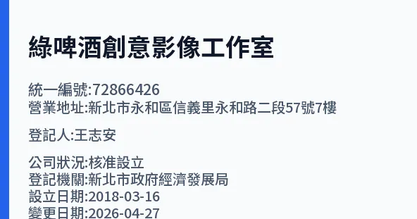 綠啤酒創意影像工作室的照片-統編 72866426(新北市) 公司登記資料與營業項目詳細圖表