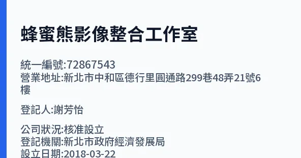 蜂蜜熊影像整合工作室的照片-統編 72867543(新北市) 公司登記資料與營業項目詳細圖表