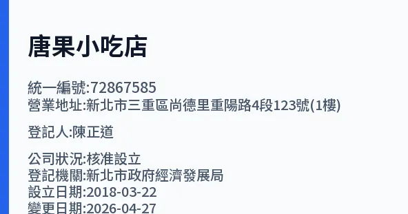 唐果小吃店的照片-統編 72867585(新北市) 公司登記資料與營業項目詳細圖表
