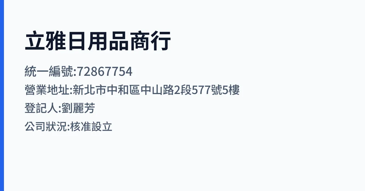 立雅日用品商行 - 統編 72867754(新北市) 公司登記資料與營業項目詳細圖表