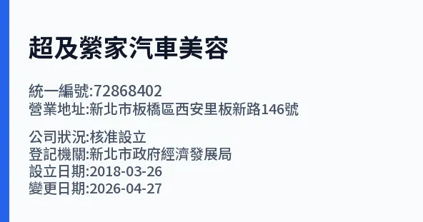 超及縈家汽車美容的照片-統編 72868402(新北市) 公司登記資料與營業項目詳細圖表