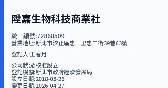 陞嘉生物科技商業社的照片-統編 72868509(新北市) 公司登記資料與營業項目詳細圖表