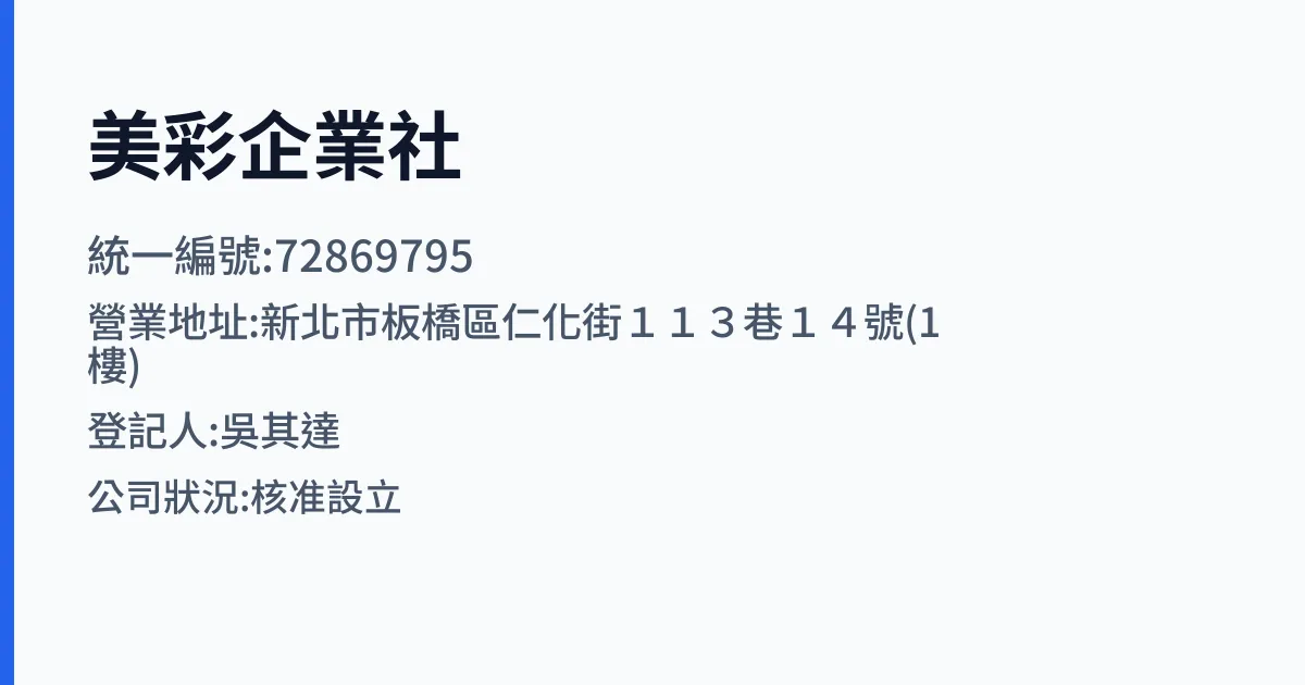 美彩企業社 - 統編 72869795(新北市) 公司登記資料與營業項目詳細圖表
