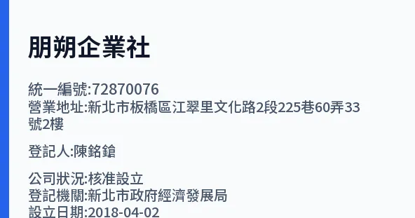 朋朔企業社的照片-統編 72870076(新北市) 公司登記資料與營業項目詳細圖表