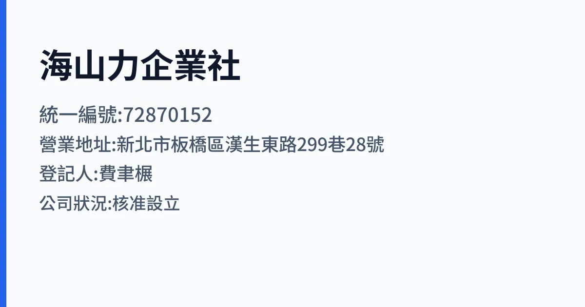 海山力企業社 - 統編 72870152(新北市) 公司登記資料與營業項目詳細圖表