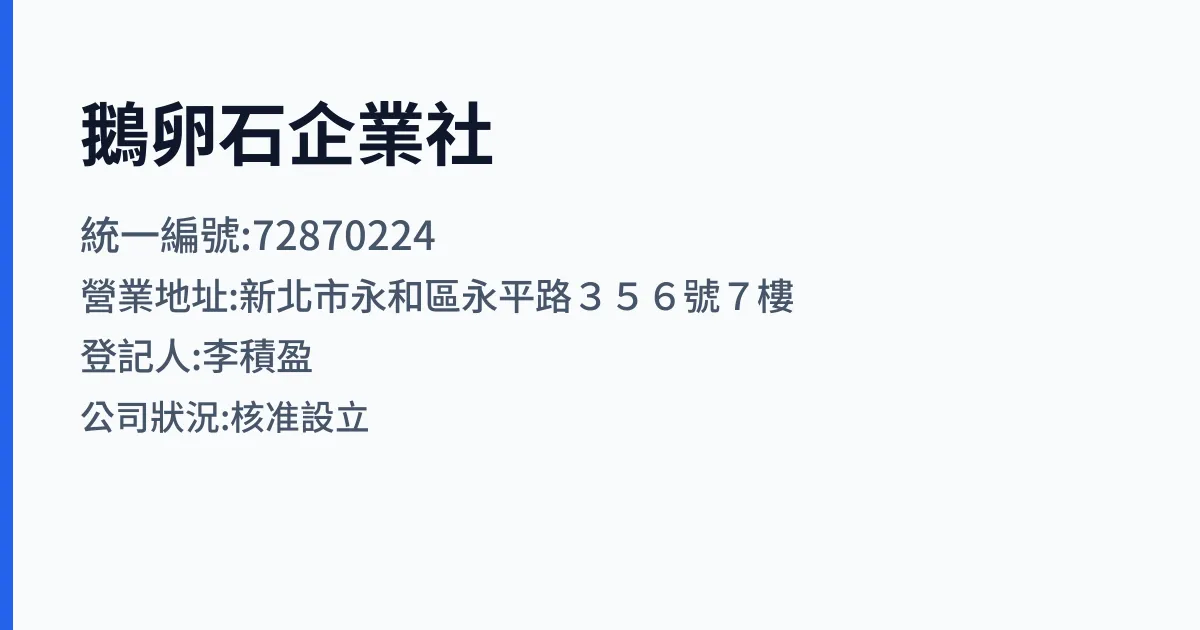 鵝卵石企業社 - 統編 72870224(新北市) 公司登記資料與營業項目詳細圖表