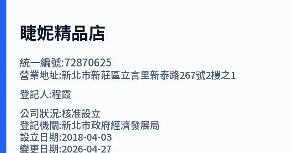 睫妮精品店的照片-統編 72870625(新北市) 公司登記資料與營業項目詳細圖表