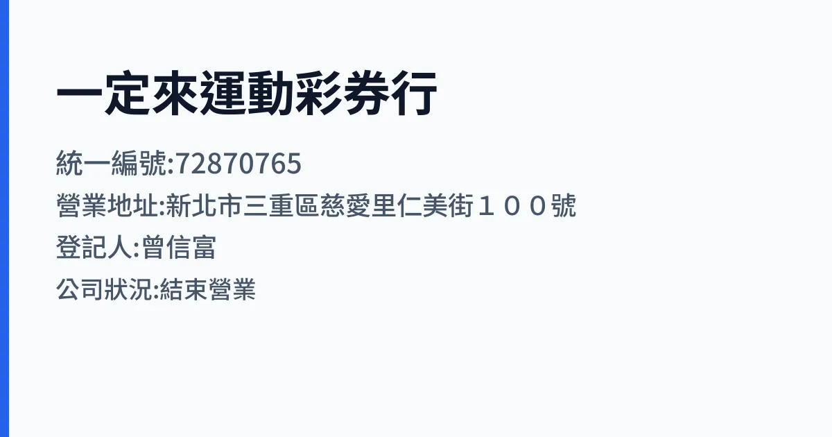 一定來運動彩券行 - 統編 72870765(新北市) 公司登記資料與營業項目詳細圖表