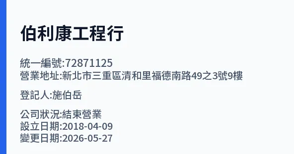 伯利康工程行的照片-統編 72871125(新北市) 公司登記資料與營業項目詳細圖表